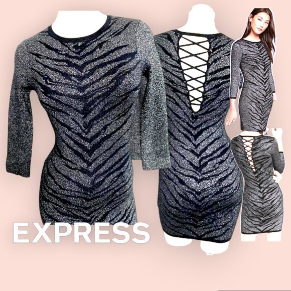 Express | Dresses | Sexy Black Silver Metallic Tiger Laceup Stretch ...